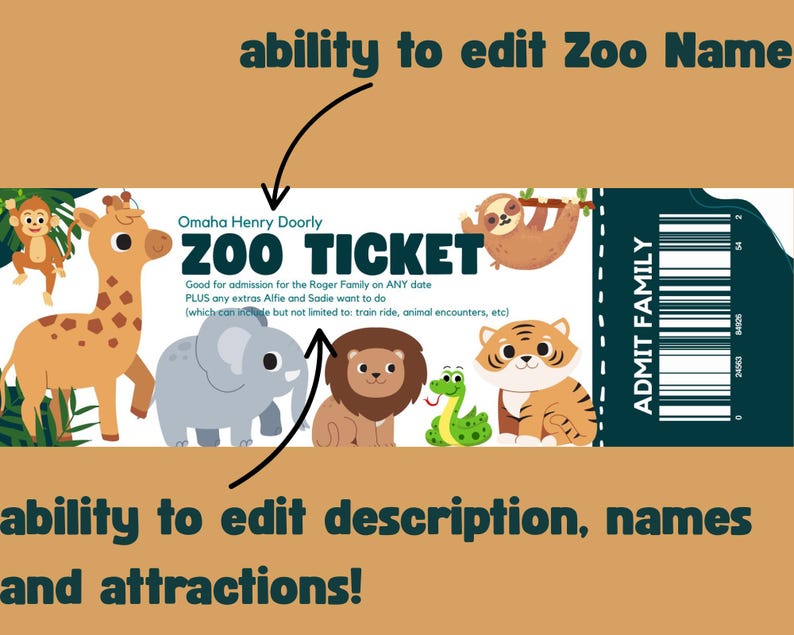 Editable Zoo Gift Certificate Ticket, Canva Template, Instant Download ...