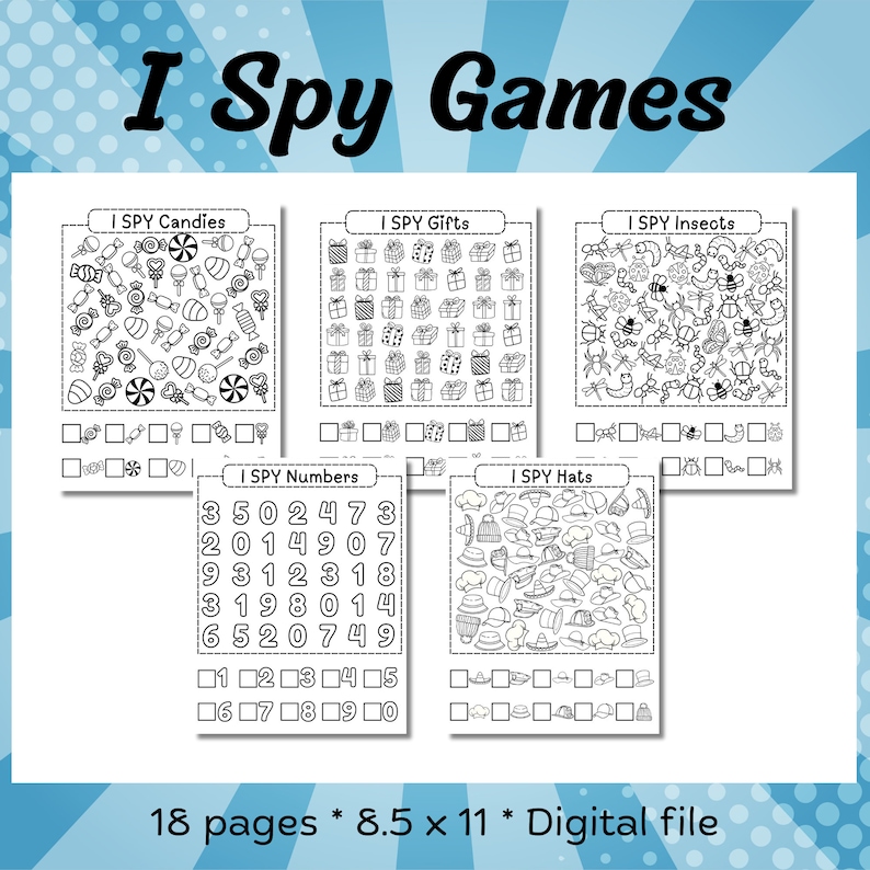 I Spy Game Coloring Printable Activity Worksheets for Kids 18 Pages US ...