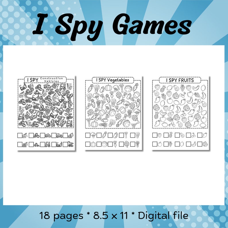 I Spy Game Coloring Printable Activity Worksheets for Kids 18 Pages US ...
