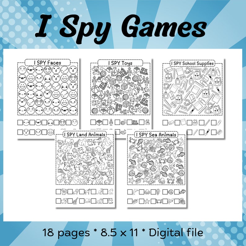 I Spy Game Coloring Printable Activity Worksheets for Kids 18 Pages US ...