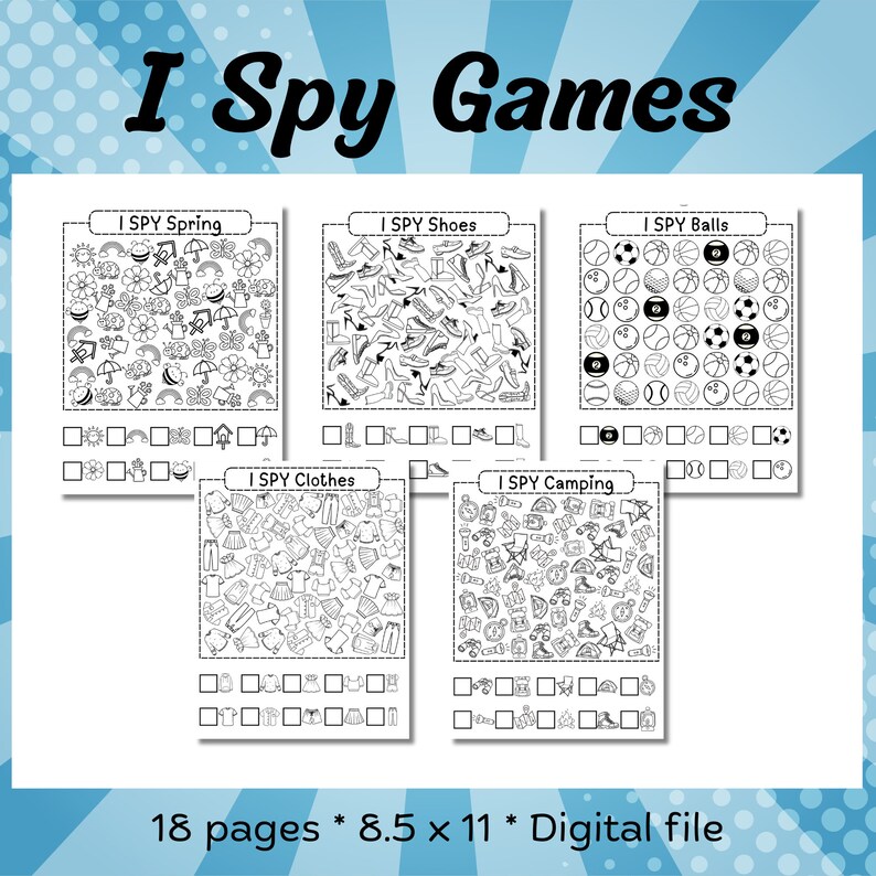 I Spy Game Coloring Printable Activity Worksheets for Kids 18 Pages US ...
