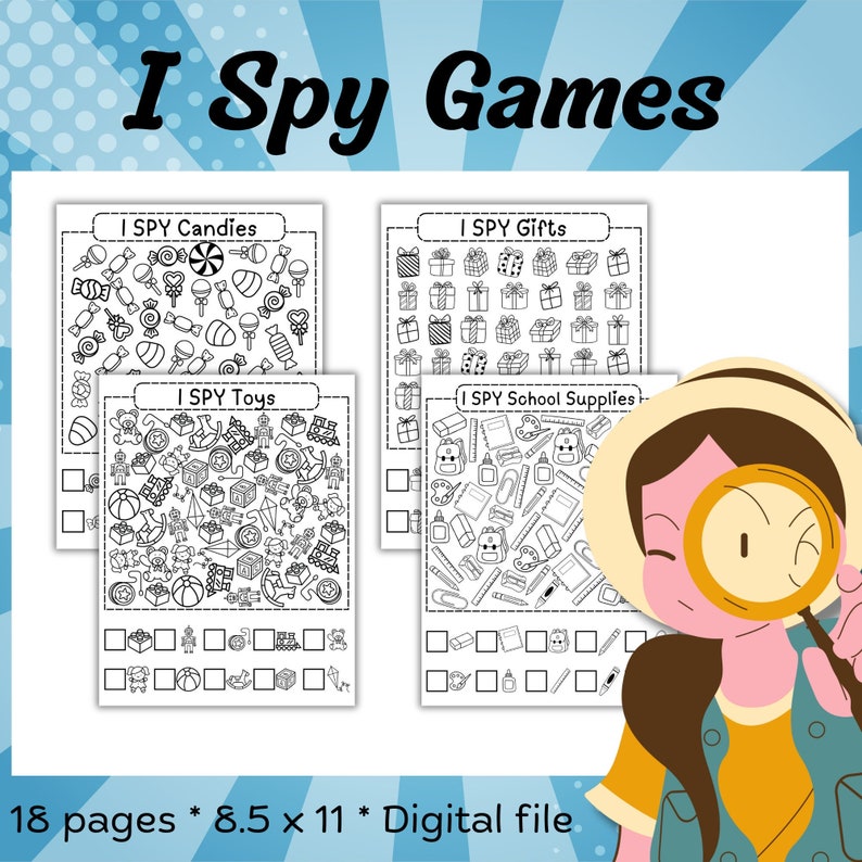 I Spy Game Coloring Printable Activity Worksheets for Kids 18 Pages US ...