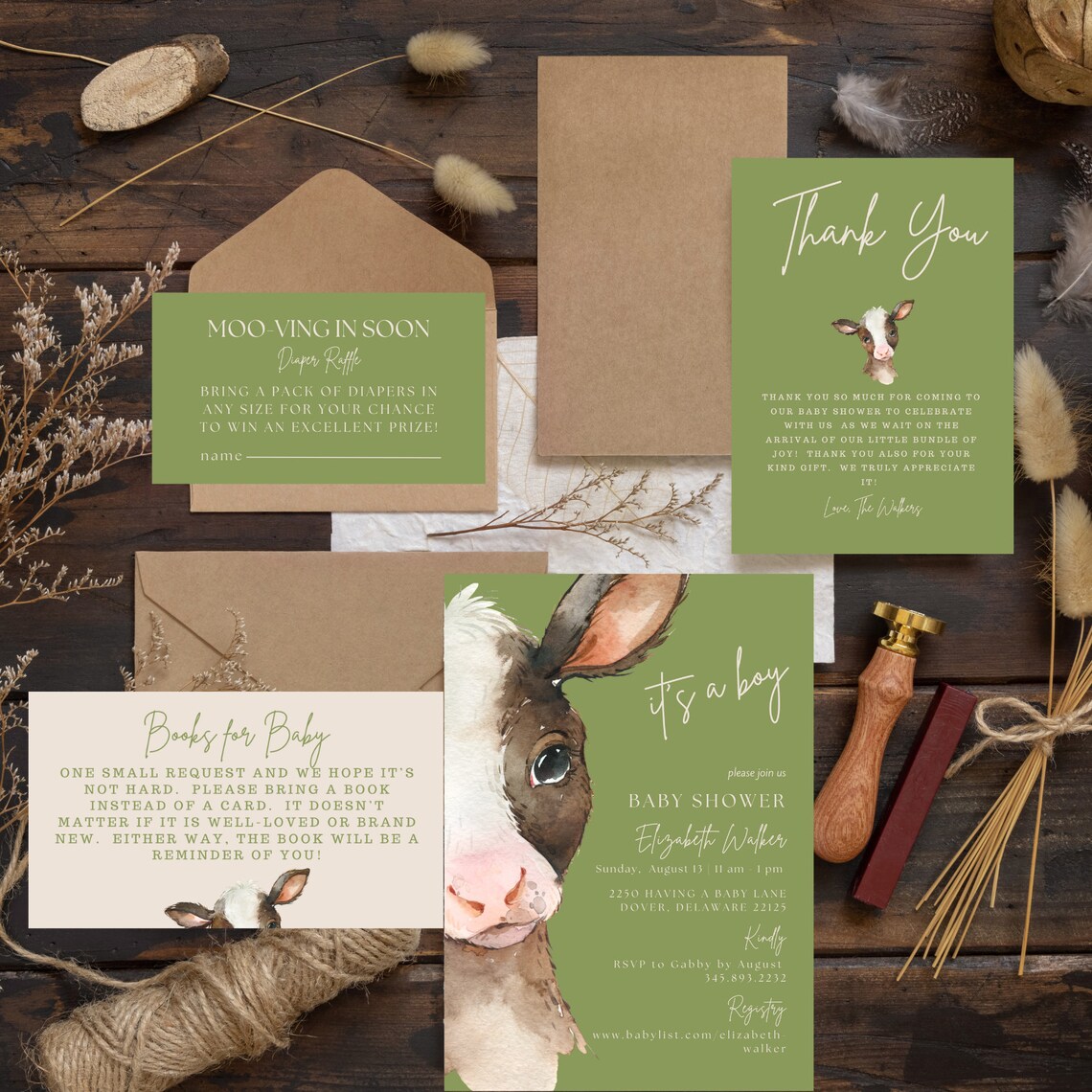 Digital Moss Green Baby Shower Bundle, Moss Green Baby Shower ...