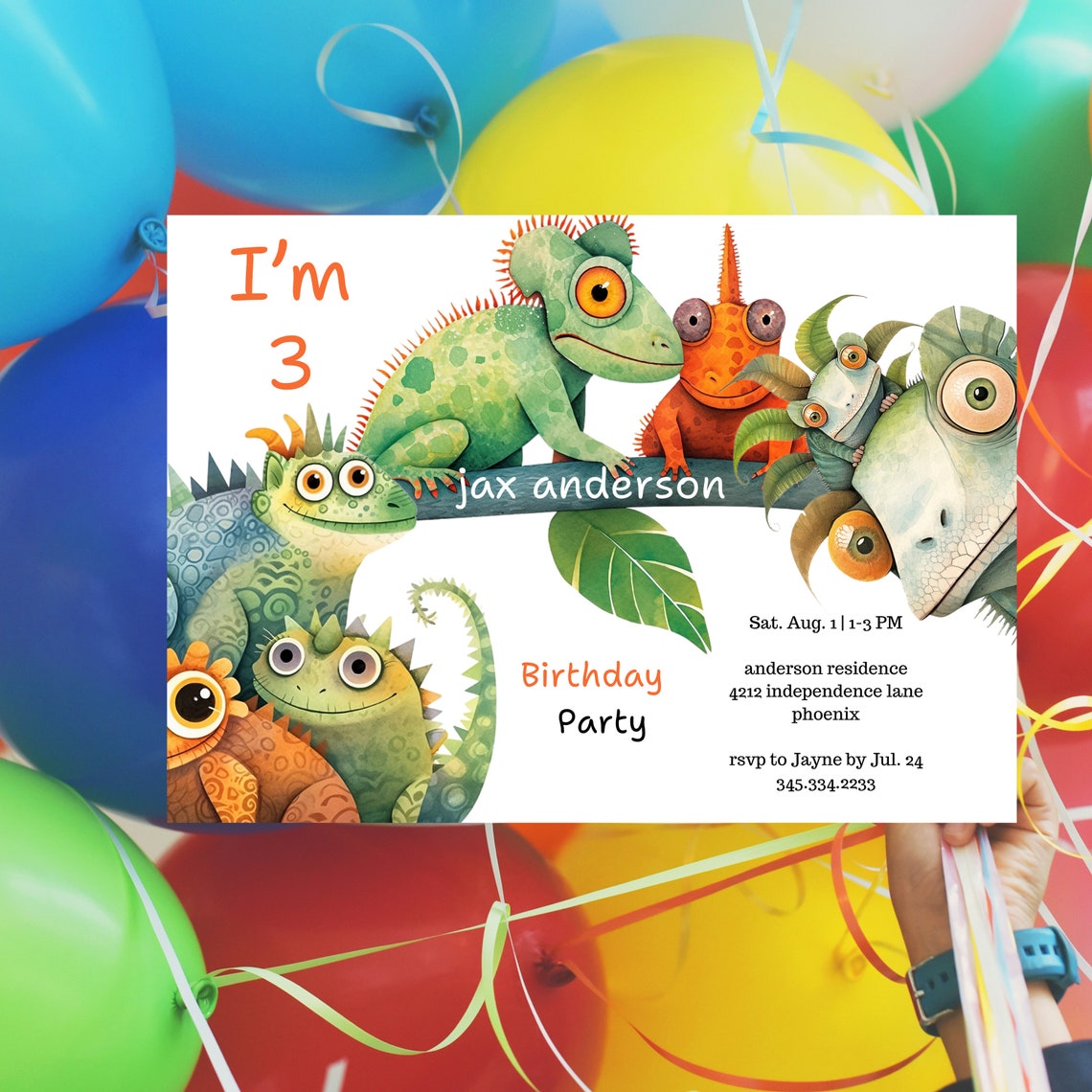 Editable Cute Lizard Boy Colorful Birthday Party Invitation | Reptile ...
