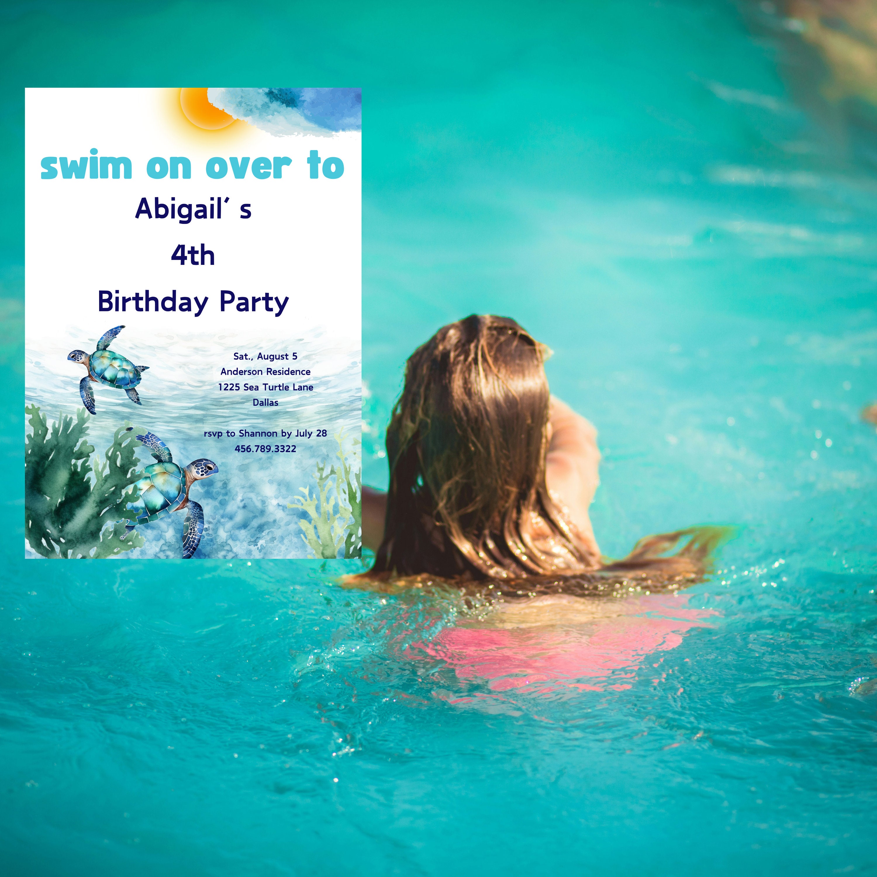 Digital Sea Turtle Swim Birthday Party Invitation | Swim Birthday Party ...