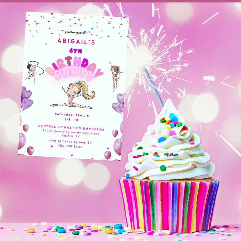 Pink Gymnastics Birthday Party Invitation Tumbling Birthday Party ...