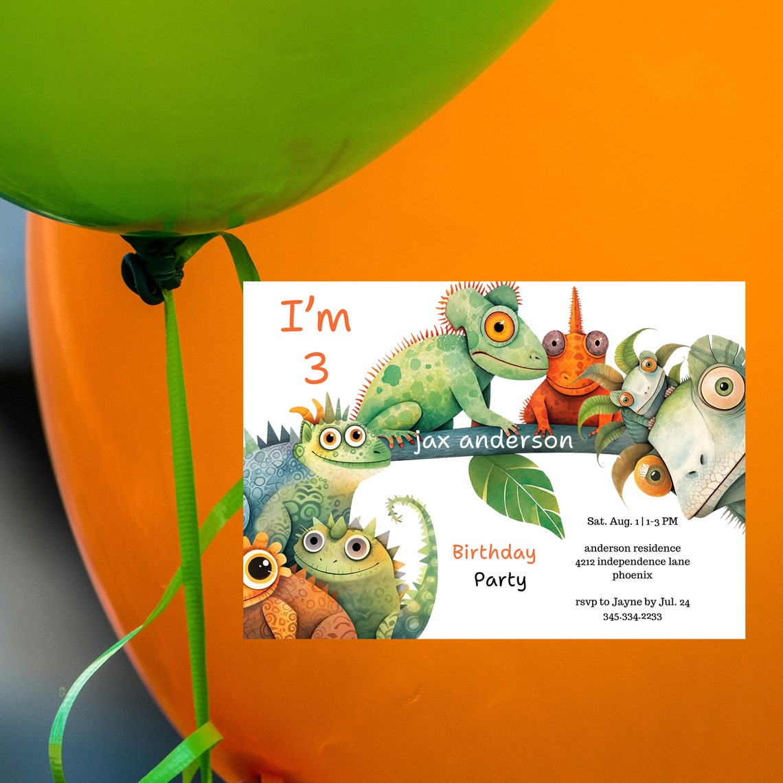 Editable Cute Lizard Boy Colorful Birthday Party Invitation | Reptile ...