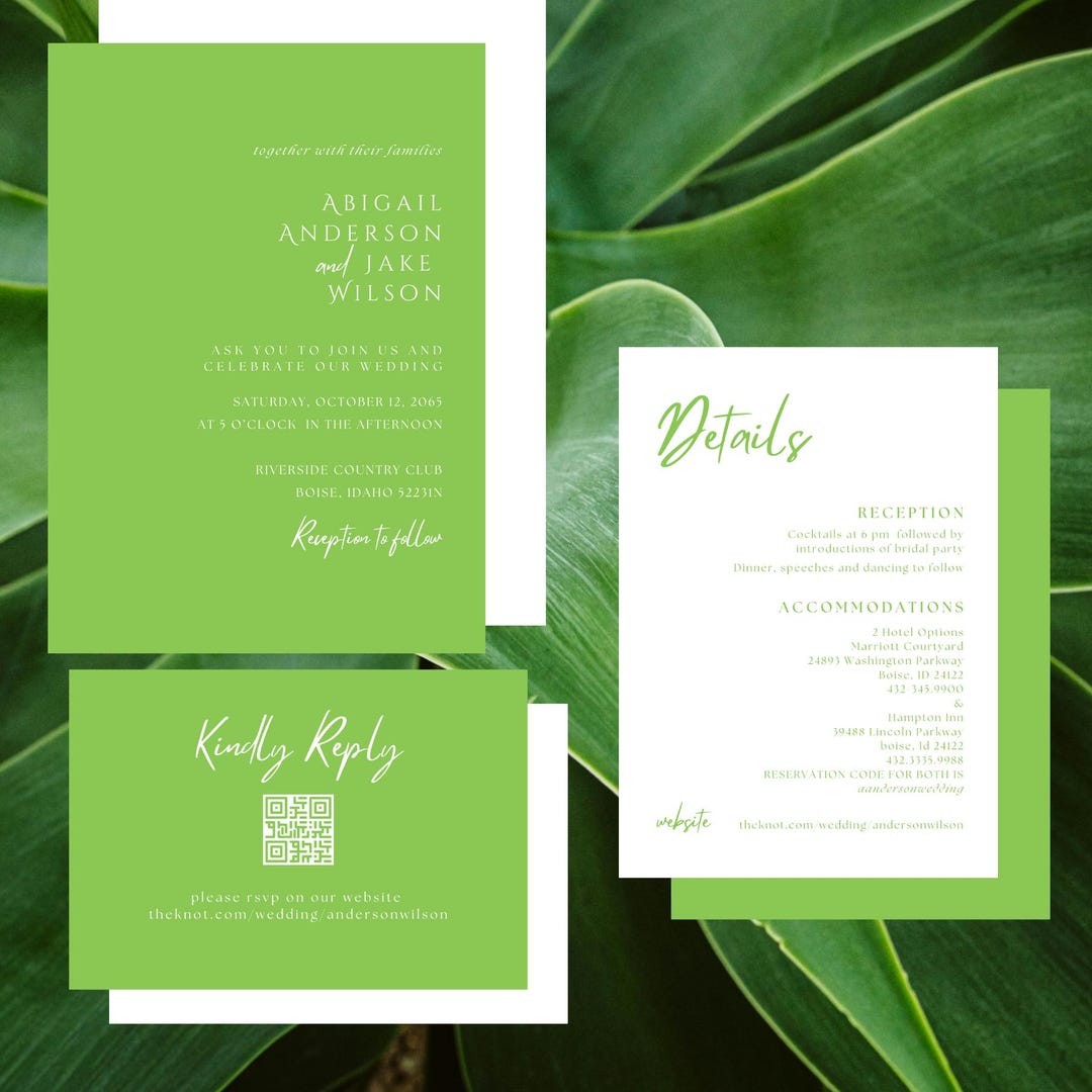 Digital Lime Green Wedding Invitation, RSVP. & Details Cards, Lime ...