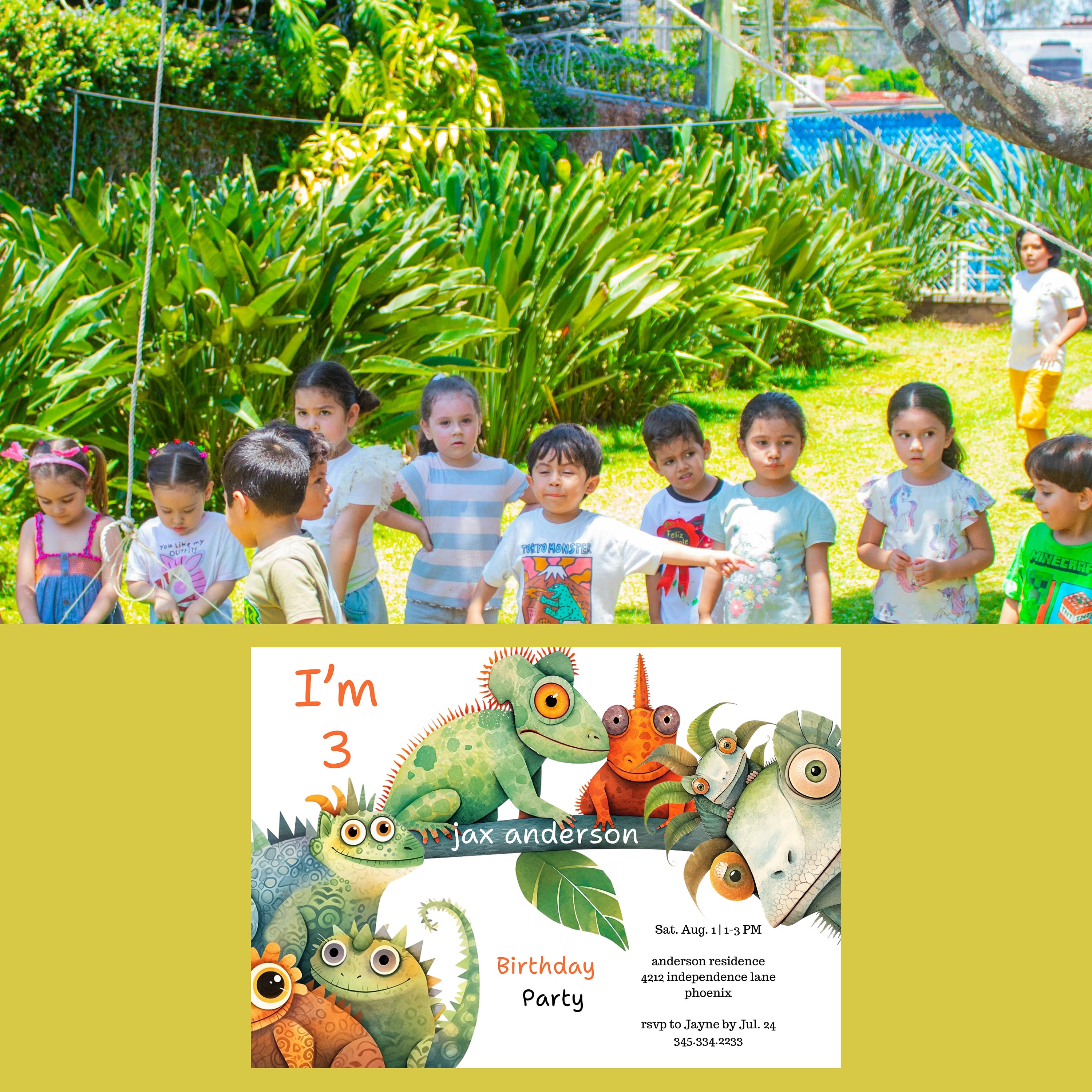 Editable Cute Lizard Boy Colorful Birthday Party Invitation | Reptile ...