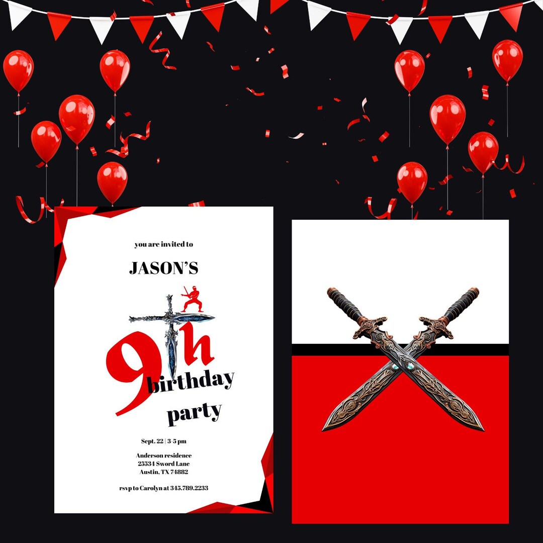Digital Red Sword Boy Birthday Party Invitation | Sword Birthday Party ...