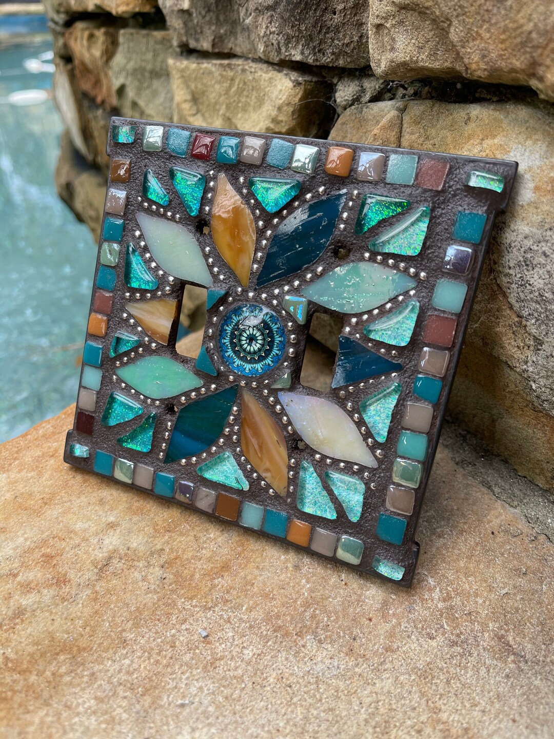 Mosaic Light Switch Plate Covers Stained Glass Mixed Beaded Metal Frame ...