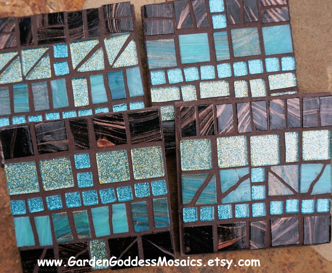 COASTERS Mosaic Square Set of 4 Rich Chocolate Brown Turquoise - Etsy