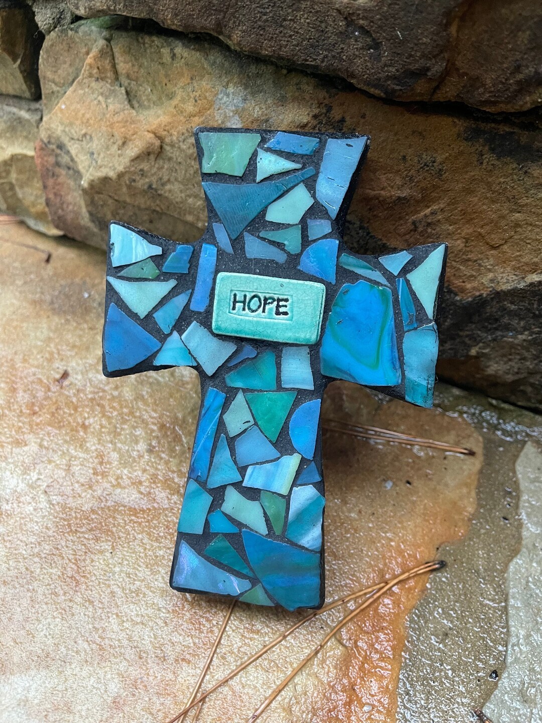 Blue Mosaic Cross 6" Bathroon Accents Wall Decor Stained Glass of ...