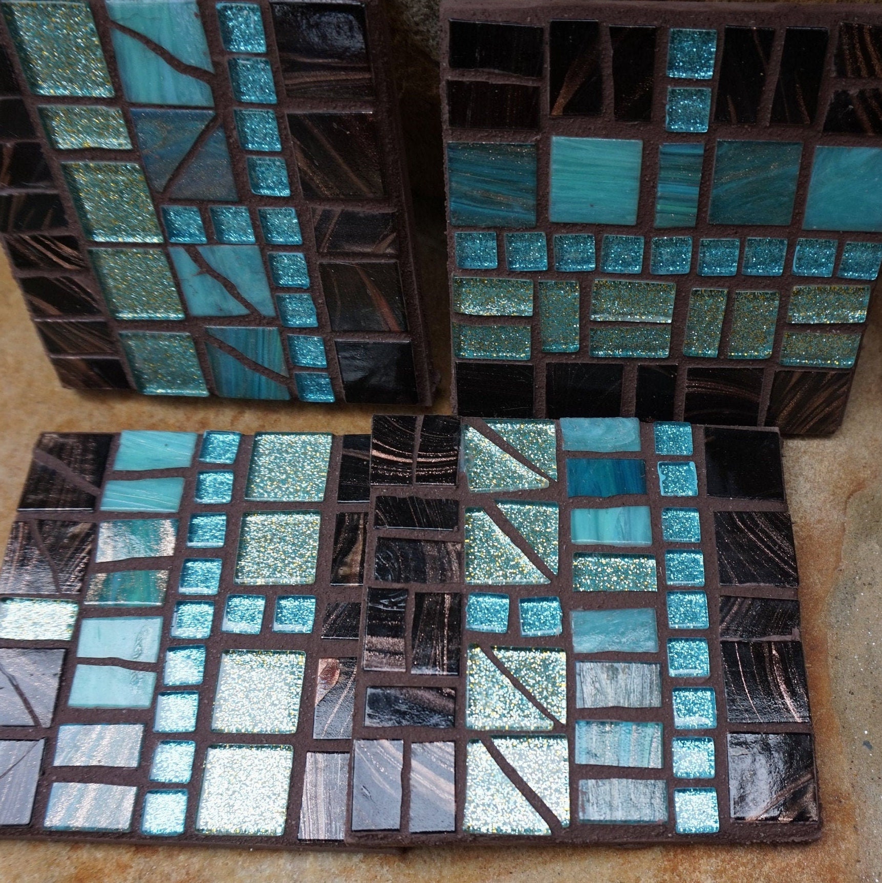 COASTERS Mosaic square set of 4 Rich chocolate brown turquoise | Etsy