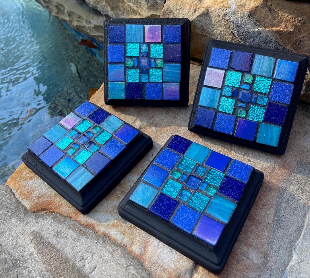 Blue Coasters Set Bar Ware Mosaic Turquoise JEWEL Rich BLUES Colors ...