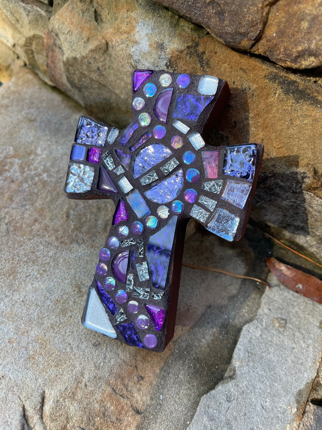 Purple Mosaic Cross Wall Decor Stained Glass Rainbow of Colorful Stones ...