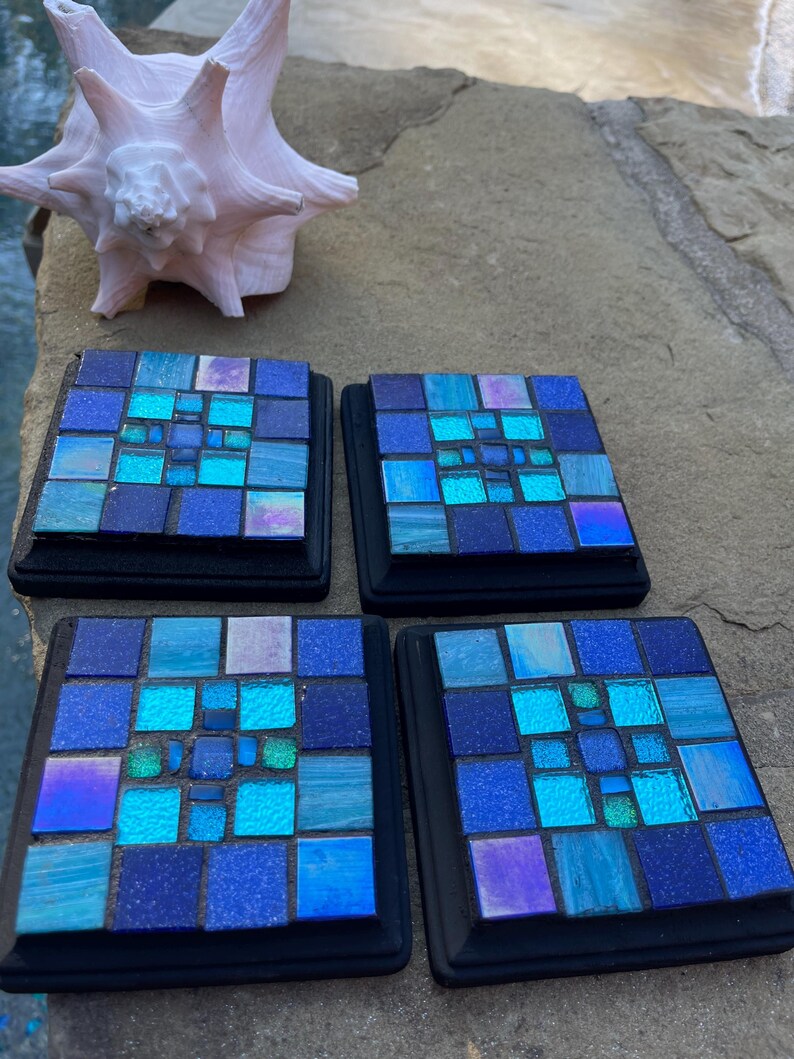 SALE Blue Coasters Set Bar Ware Mosaic Turquoise JEWEL Rich BLUES ...