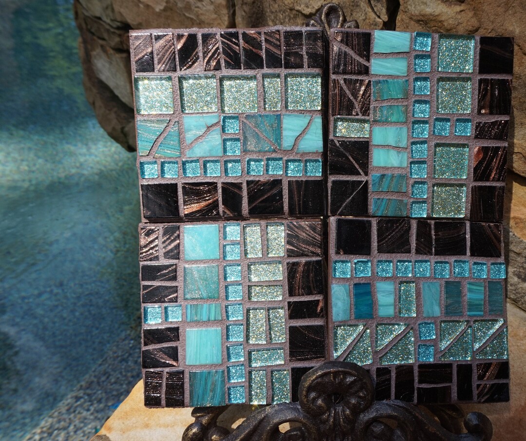 COASTERS Mosaic Square Set of 4 Rich Chocolate Brown Turquoise Colors ...