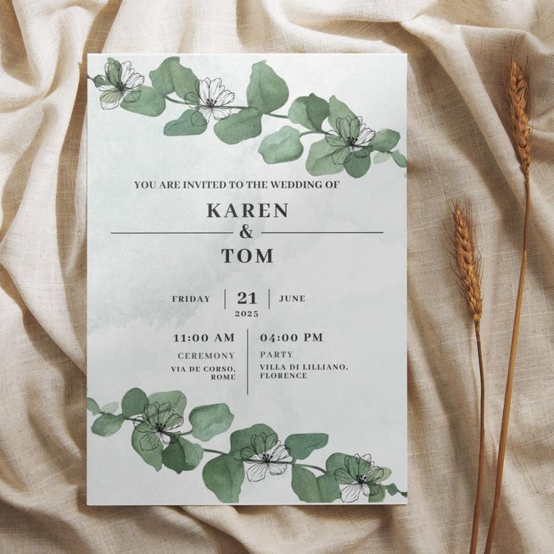 Greenery Wedding Invitation Suite, Printable Wedding Invitation ...