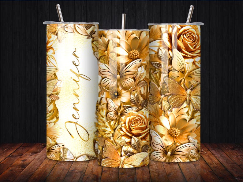 Gold Butterfly Floral Tumbler Wrap: Personalised Seamless Design (PNG ...