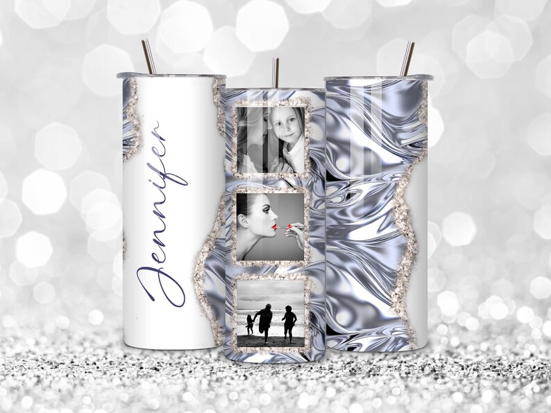 Liquid Silver Glitter Tumbler Wrap: 3 Photo Inserts, 20oz Skinny ...