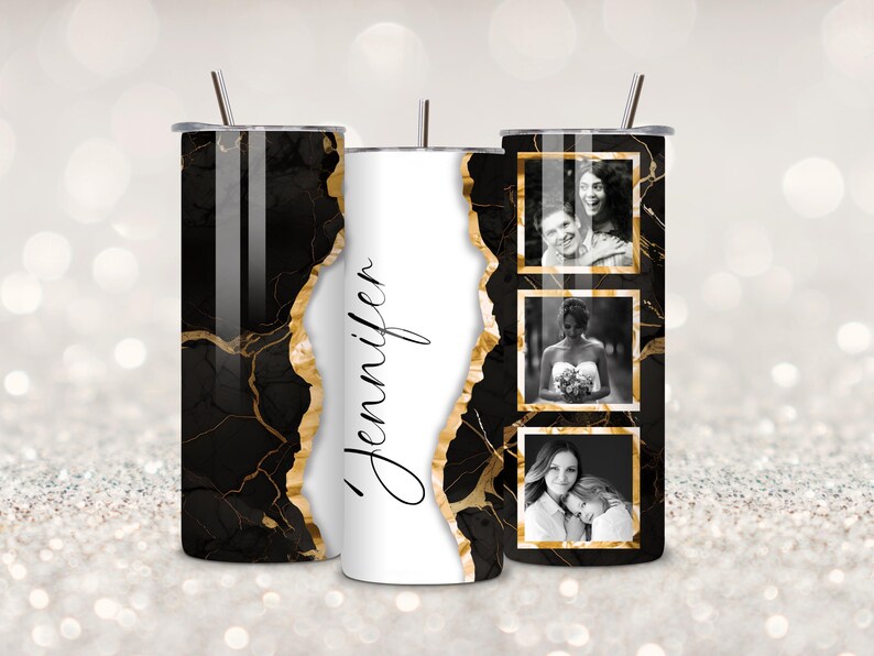Add Your Own Photo and Text Tumbler Wrap . Black Marbled Tumbler ...