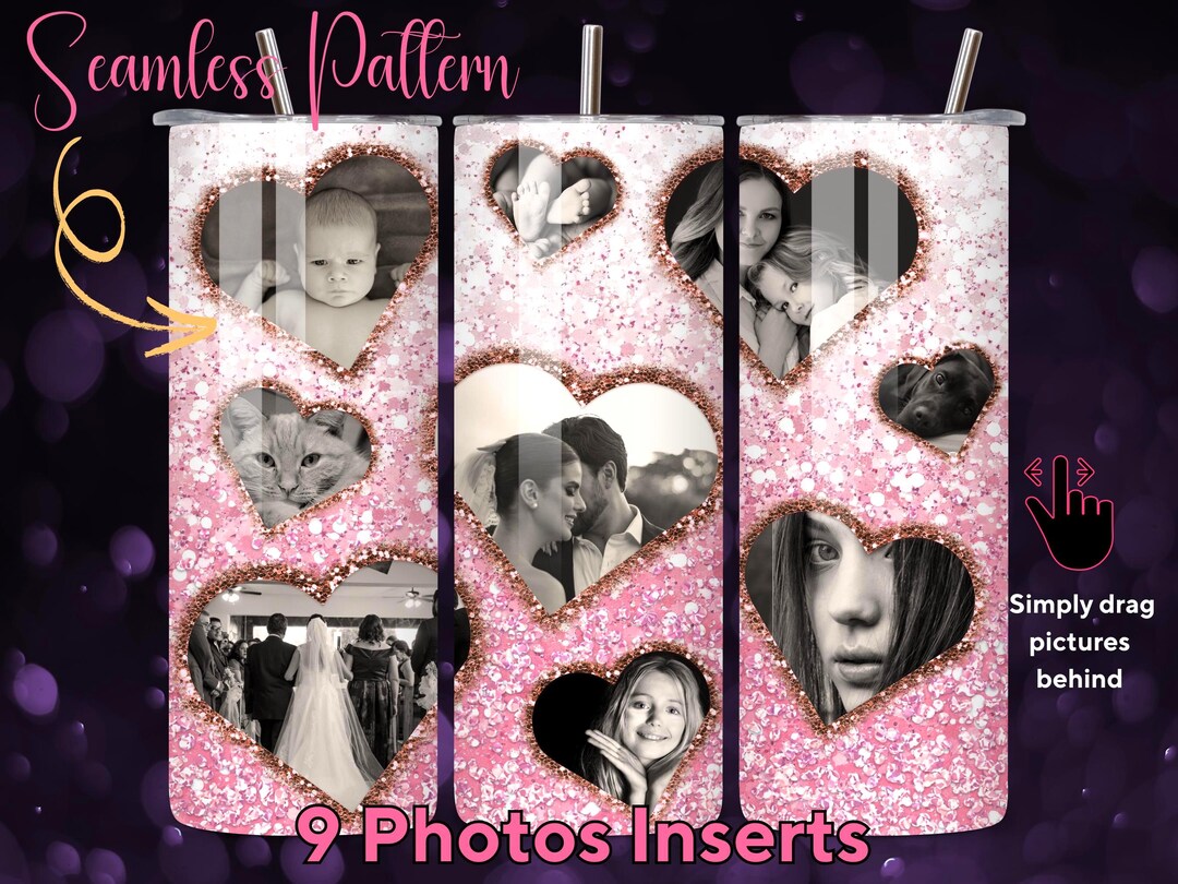 Pink Ombre Glitter Tumbler Wrap: 9 Heart Photo Inserts Valentine's (PNG ...