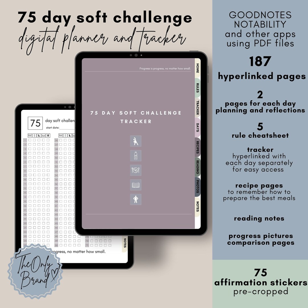 75 Day Soft Challenge Digital Planner and Tracker | 75 Soft Journal ...