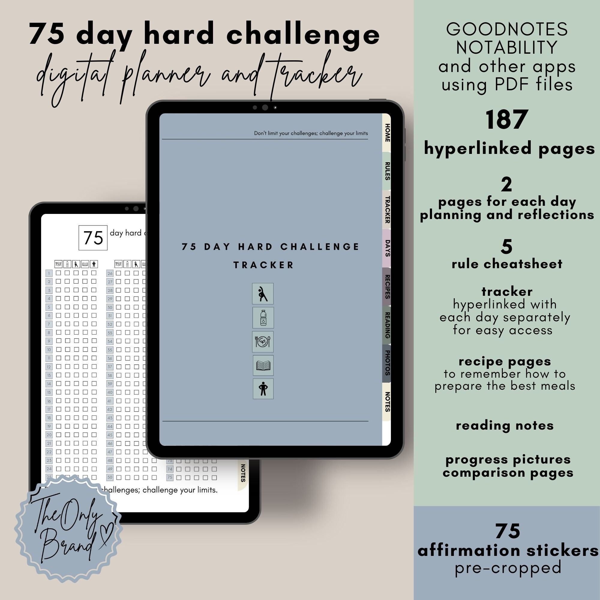 75 Day Hard Challenge Digital Planner and Tracker 75 Hard Journal ...