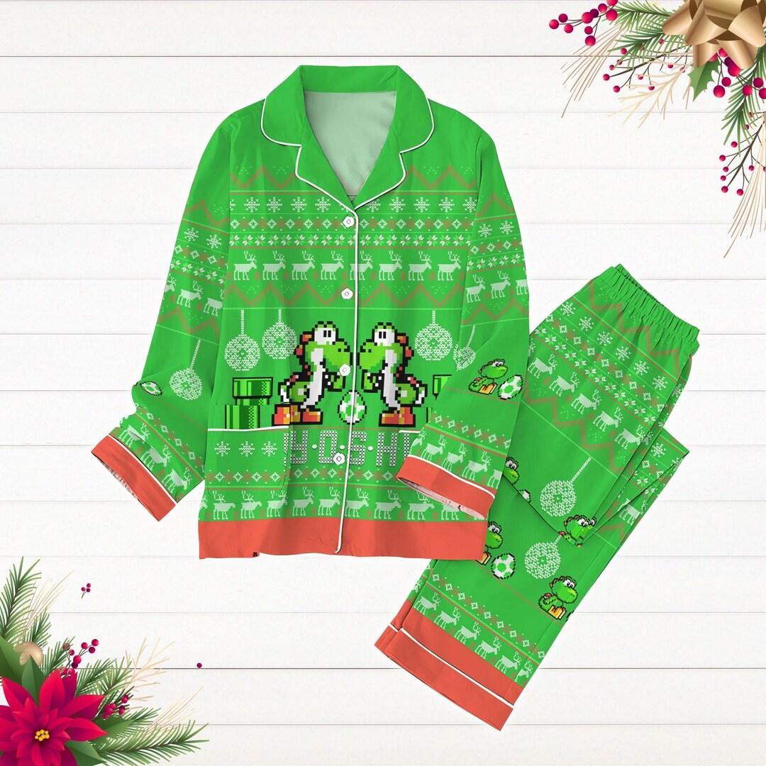 Super Mario Yoshi Christmas Pajamas, Yoshi Holiday Pajamas, Video Game ...
