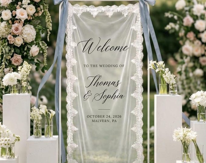 Romantic Lace Sheer Wedding Welcome Sign Custom Hanging Fabric Banner ...