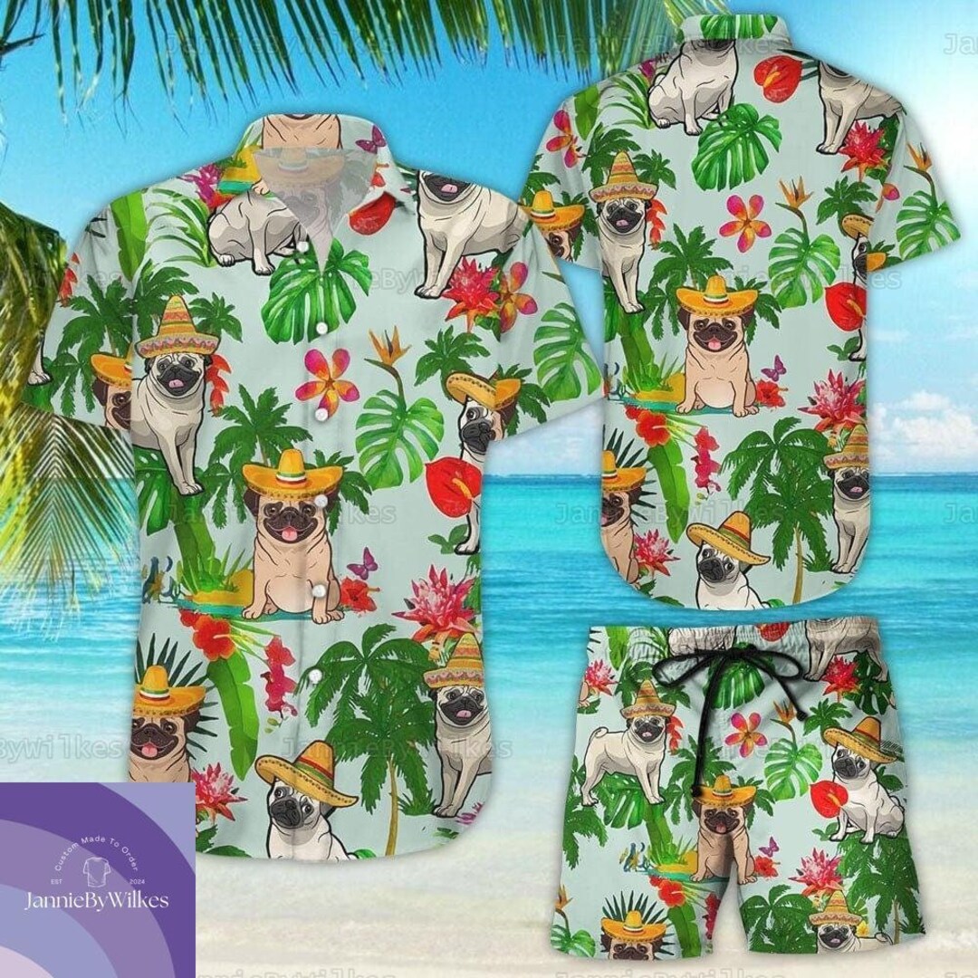 Pug Hawaiian Shirt/shorts, Pug Tropical Hawaii Shirt, Pug Shorts Men ...