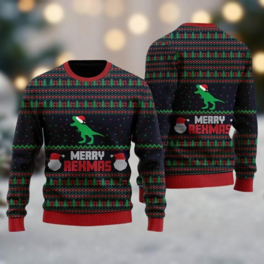 Christmas Mery Rexmas Ugly Sweater, Santa Dinosaur Xmas Sweater, T-rex ...