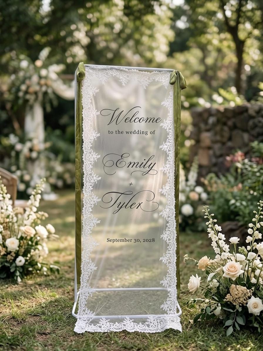 Custom Lace Sheer Wedding Welcome Sign Fabric Banner Ceremony Decor ...