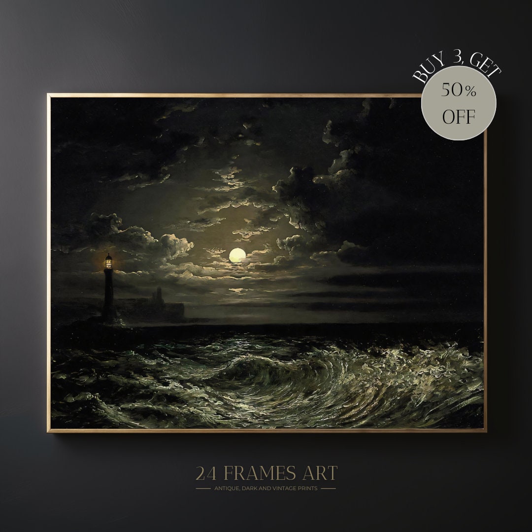 Vintage Dark Moonlight Art Print Vintage Moonlight Painting Vintage ...