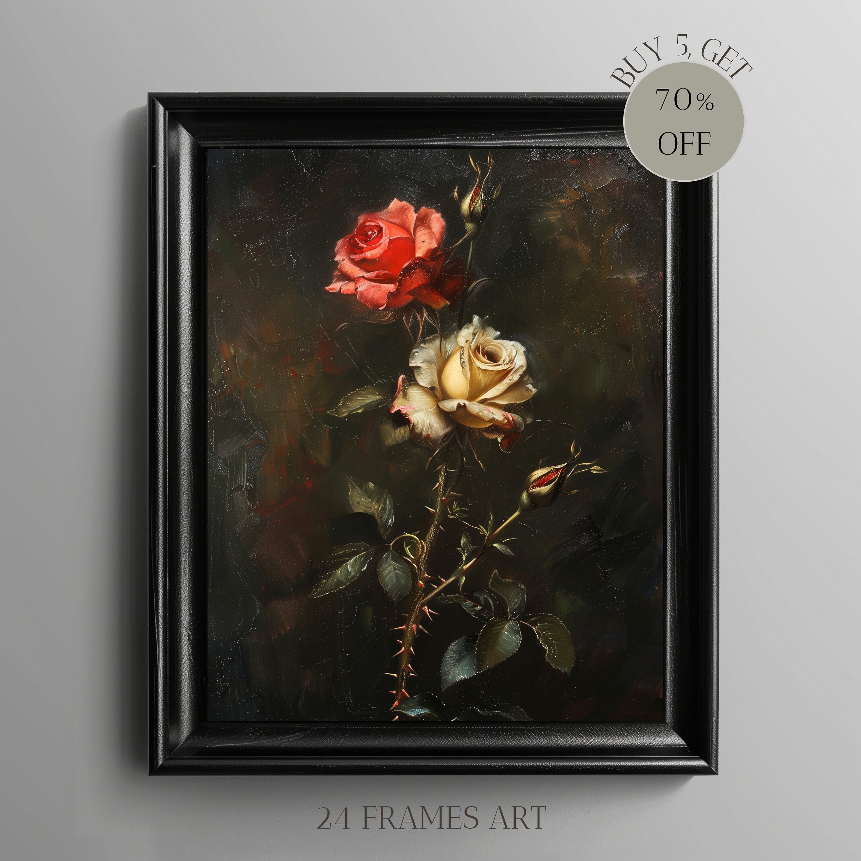 Dark Moody Red Rose Painting Wall Art Antique Rose Print Moody Flower ...