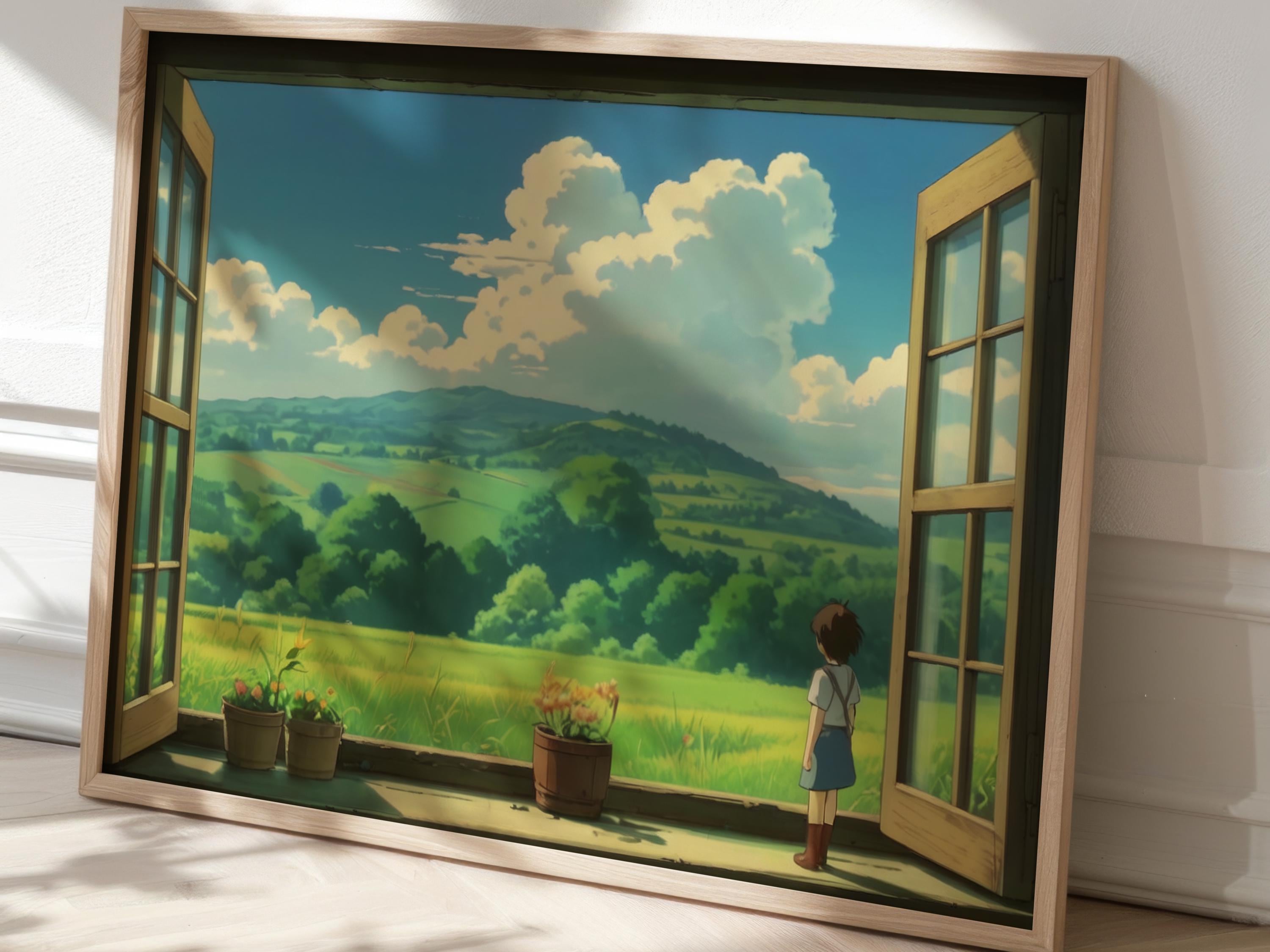 Studio Ghibli Poster Style Girl Looking Through Window Anime Poster ...