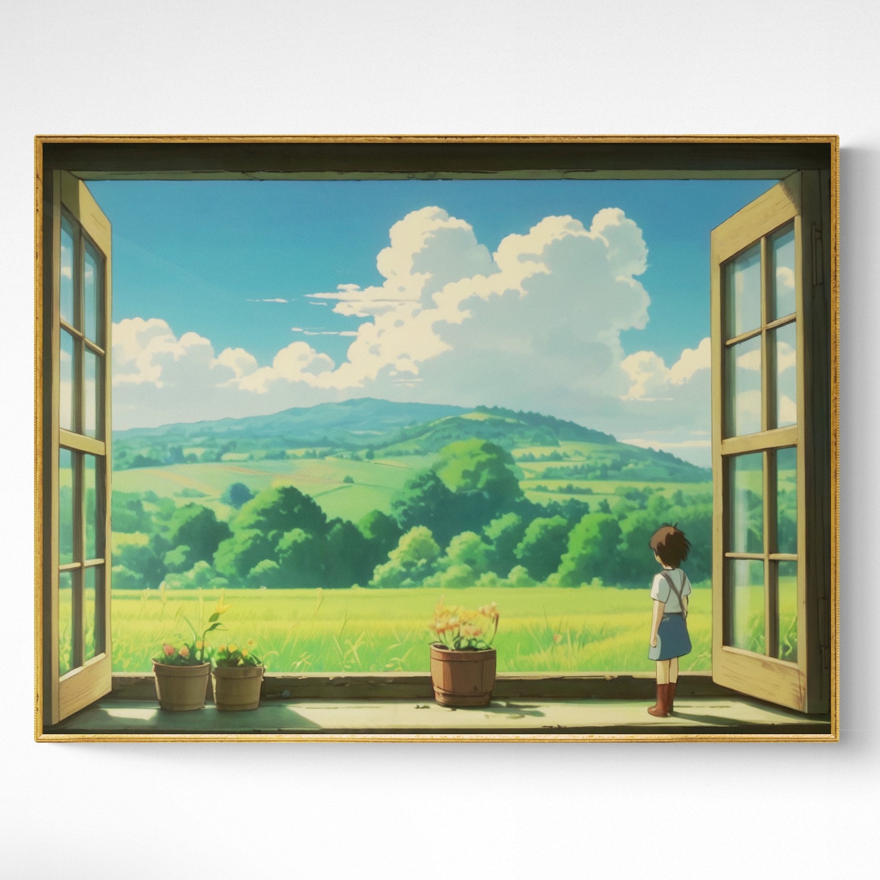 Studio Ghibli Poster Style Girl Looking Through Window Anime Poster ...