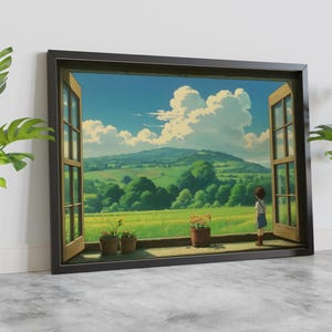 Studio Ghibli Poster Style Girl Looking Through Window Anime Poster ...