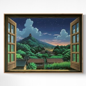 Studio Ghibli Poster Style Night View Through Window Anime Poster ...