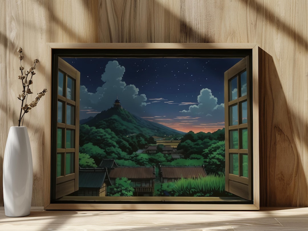 Studio Ghibli Poster Style Night View Through Window Anime Poster ...