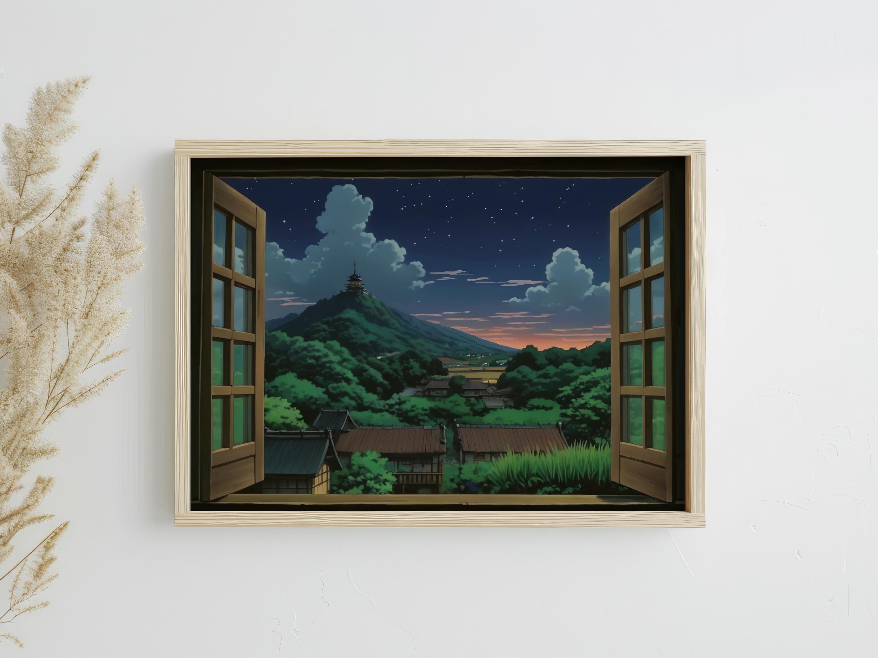 Studio Ghibli Poster Style Night View Through Window Anime Poster ...