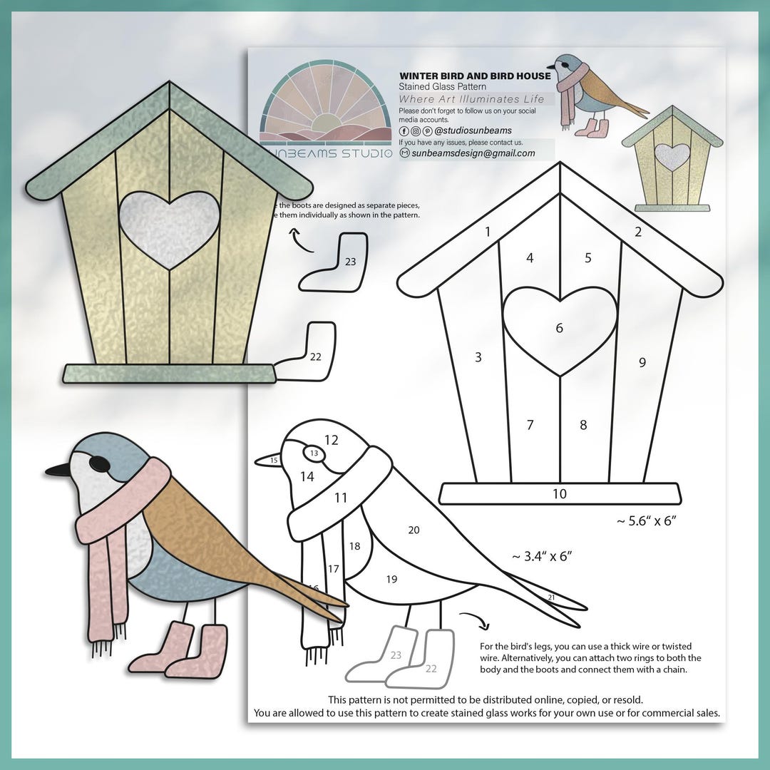 Winter Bird and Bird House Stained Glass Pattern, Modern Suncatcher ...
