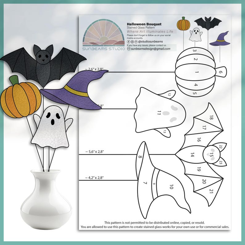 Halloween Bouquet Stained Glass Pattern: Pumpkin, Ghost, Bat, Witch Hat ...