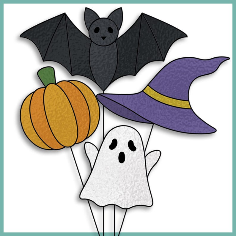 Halloween Bouquet Stained Glass Pattern: Pumpkin, Ghost, Bat, Witch Hat ...