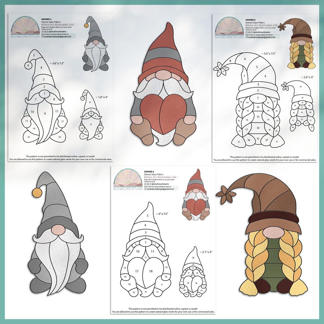 3 Christmas Gnomes Stained Glass Patterns 2, Santa, Winter, Modern Suncatcher Pack, Diy Stained ...