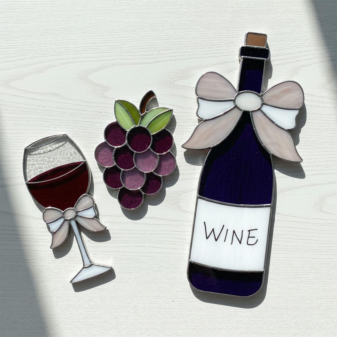 Wine Stained Glass Pattern: Bottle, Glass, Grapes (PDF, JPEG) - Etsy