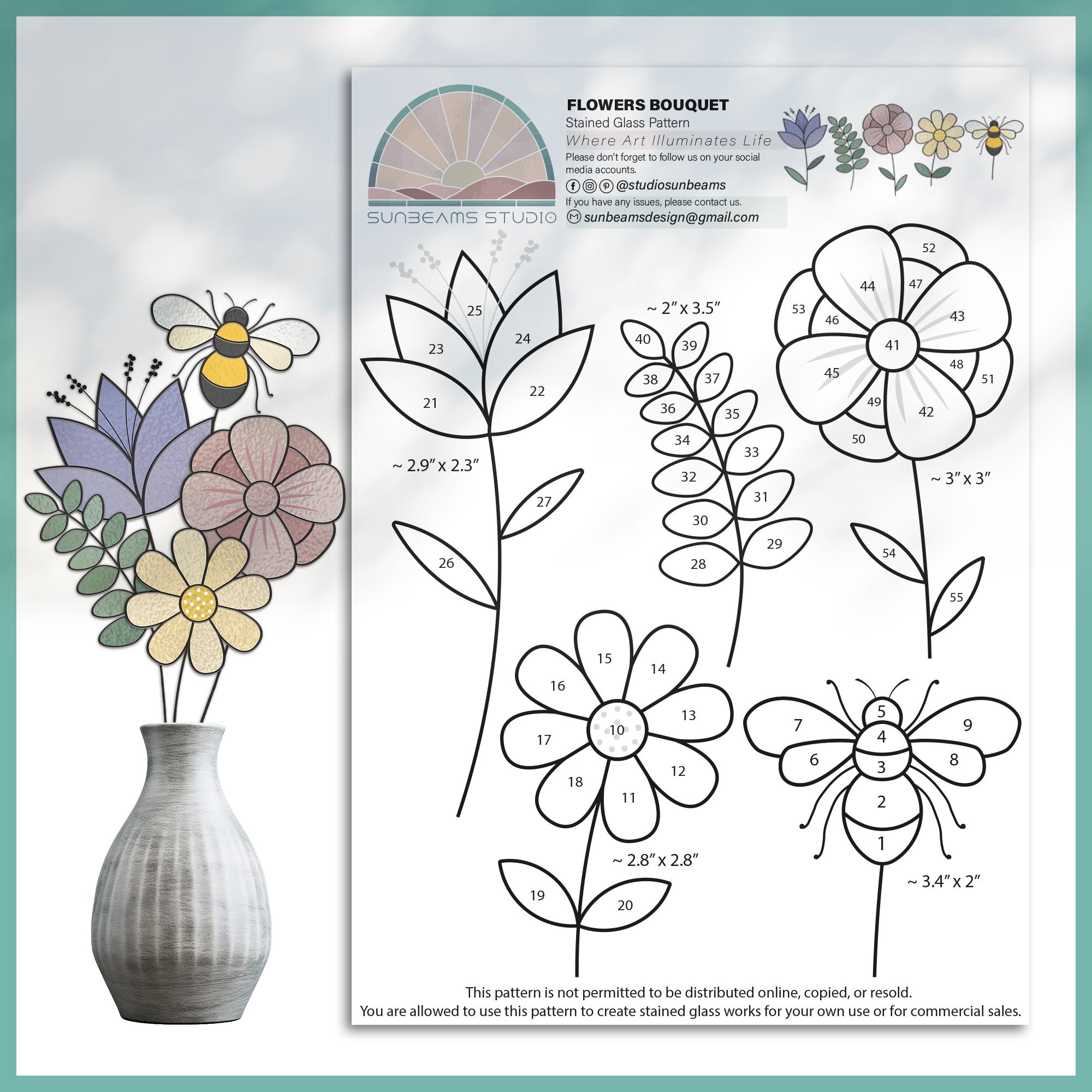 Flower Bouquet Stained Glass Pattern: Snowdrop, Bee, Zinnia (PDF/JPEG ...