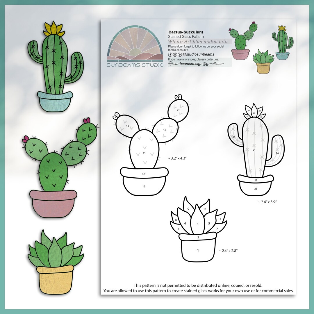 Cactus Succulent Stained Glass Pattern: Modern Suncatcher DIY (PDF ...