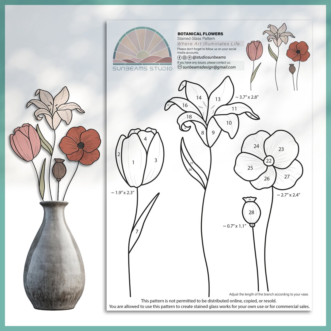 Botanical Flowers Stained Glass Pattern, Tulip, Lilium, Poppy Flowers ...